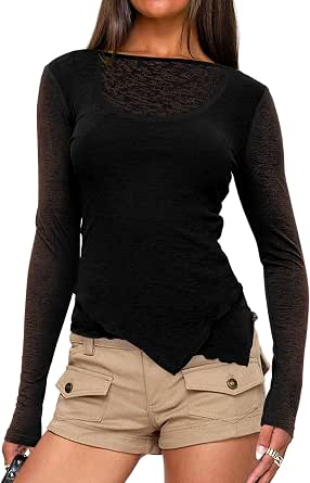 LIYOHON Women's Sexy Sheer Mesh Long Sleeve Tops Tight Fitted Casual ...