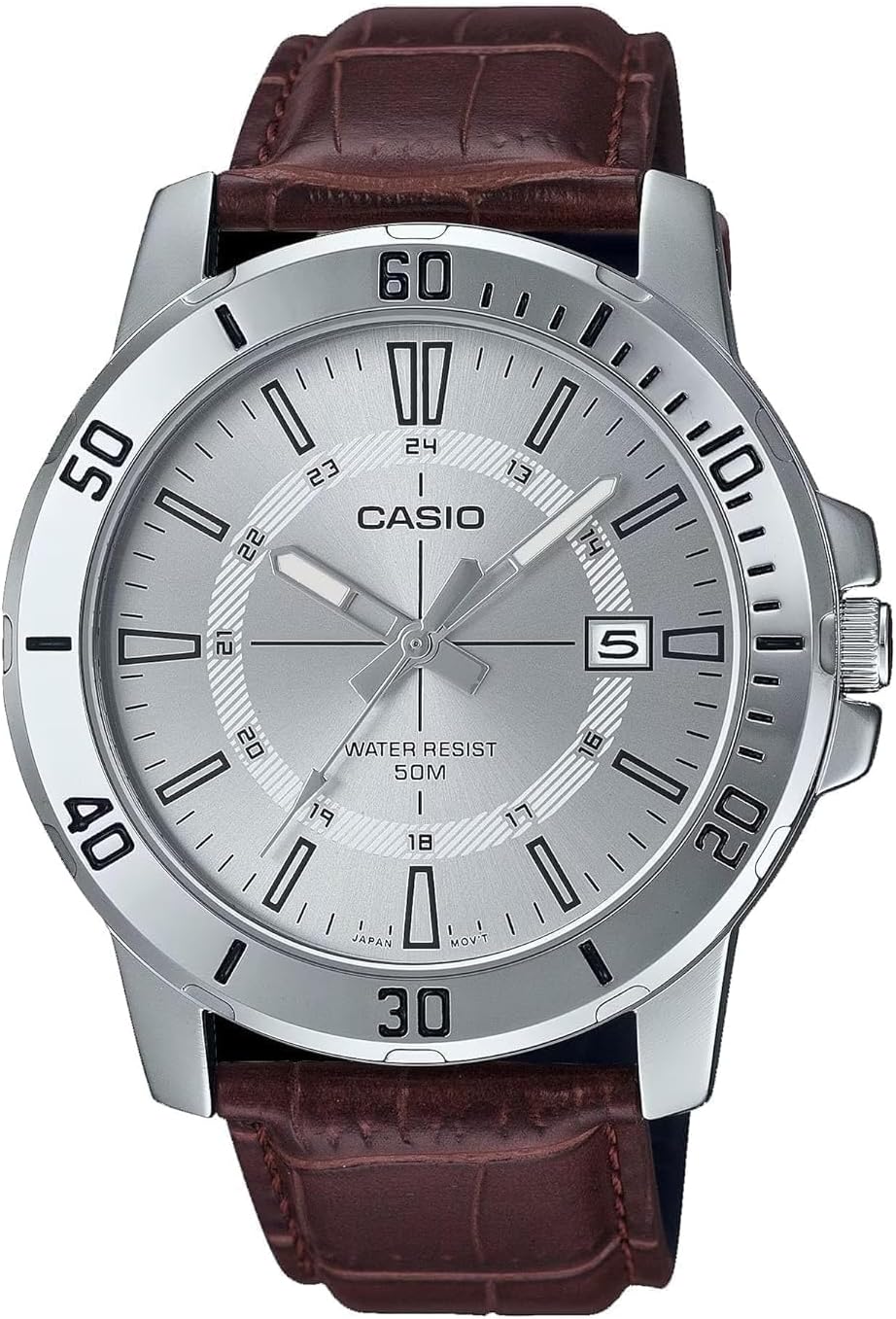 Casio Men Watch Analog Date Display Black Dial Leather Band MTP-VD03L ...