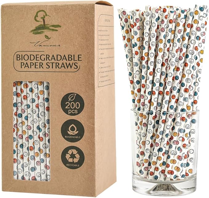 Amazon.com: Cute Smiley Printed Biodegradable Bamboo Fiber Straws | 100 ...
