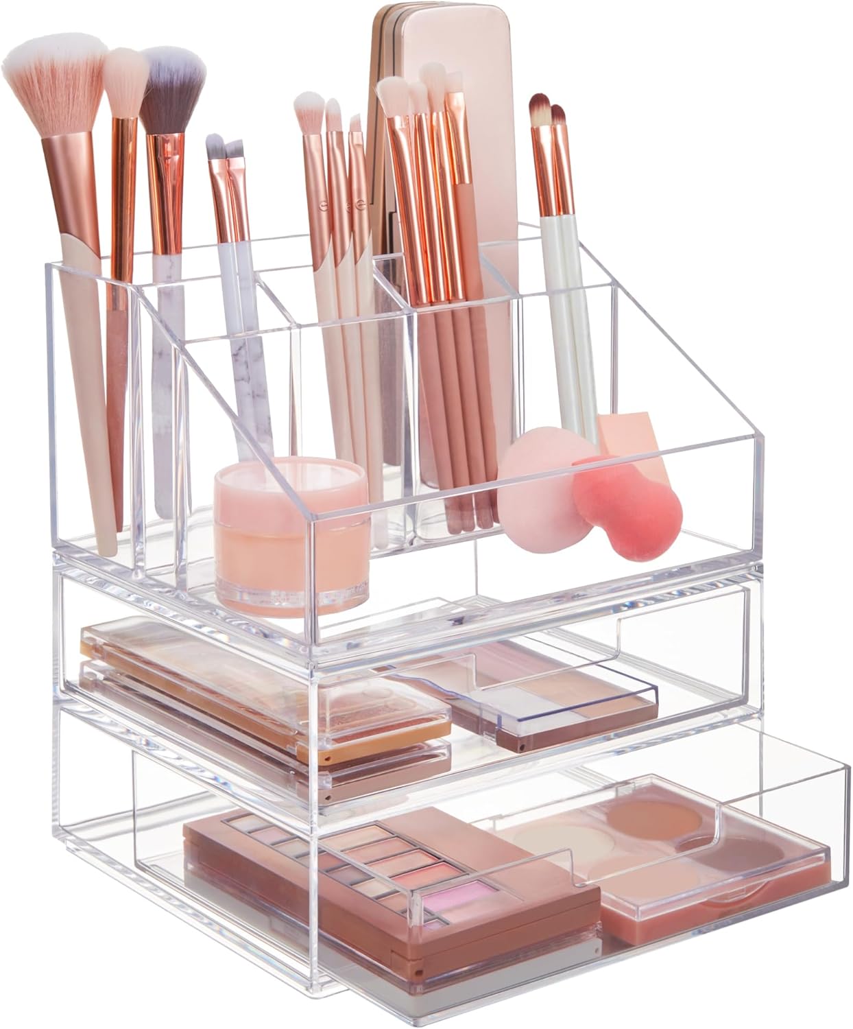STORi Chloe Stackable Clear Makeup Holder and Double Organizer Drawer ...
