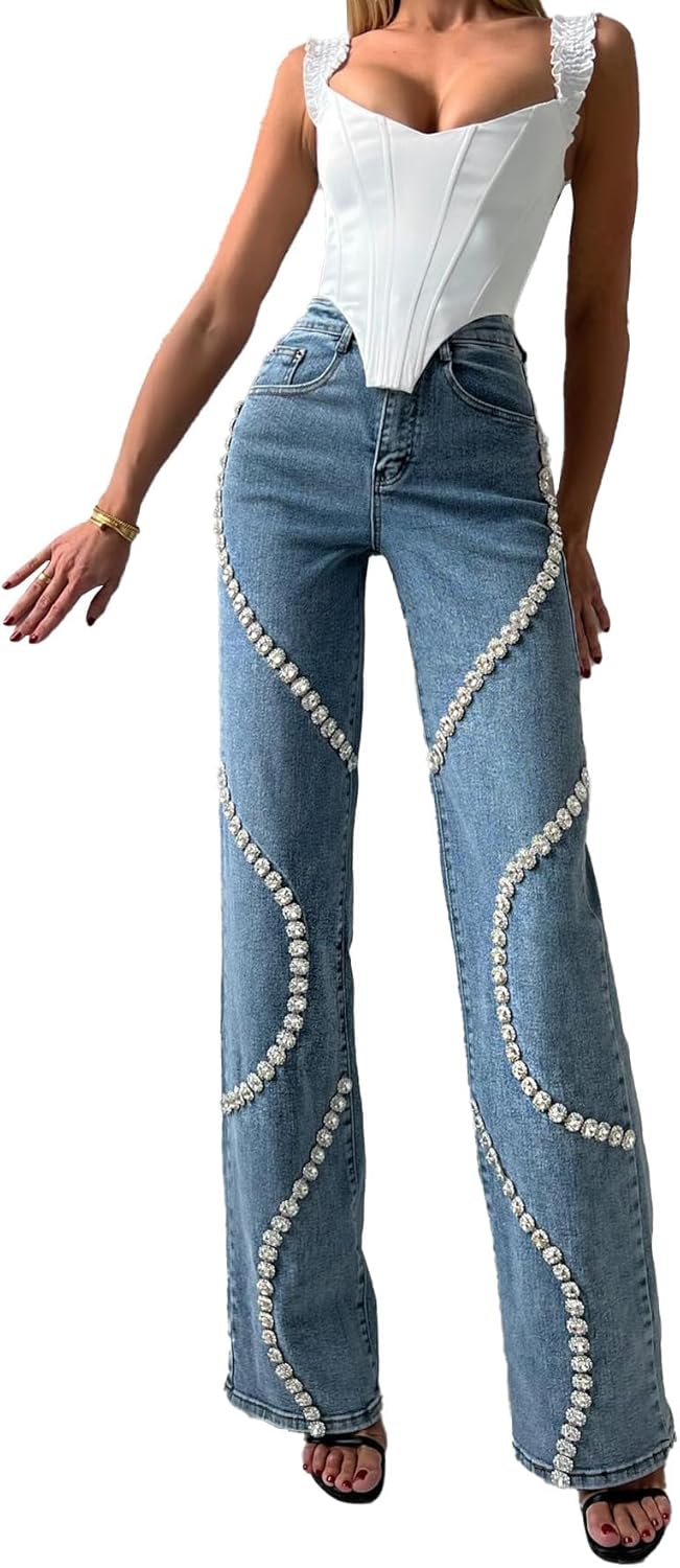 Amazon.com: Unybwonn Women High Waist Jeans Rhinestone Trim Bling Baggy ...