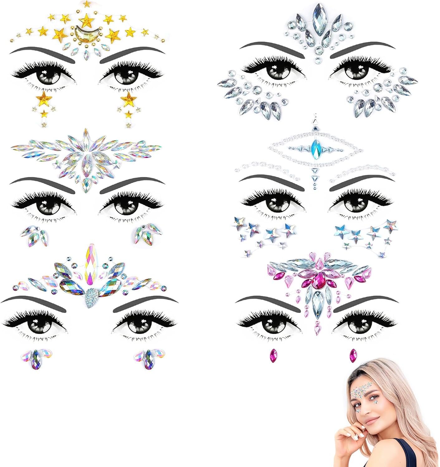 6Pcs Face Gems for Festivals Face Jewels Stickers, Self-Adhesive Eye ...