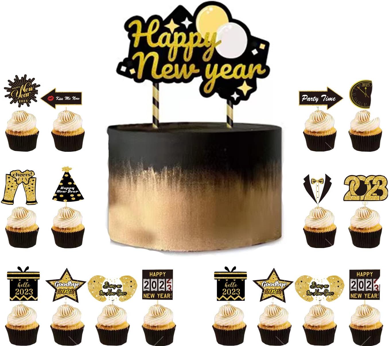 Amazon.com: 25pcs Happy New Year Cake Toppers Cupcake Toppers,2023 New ...