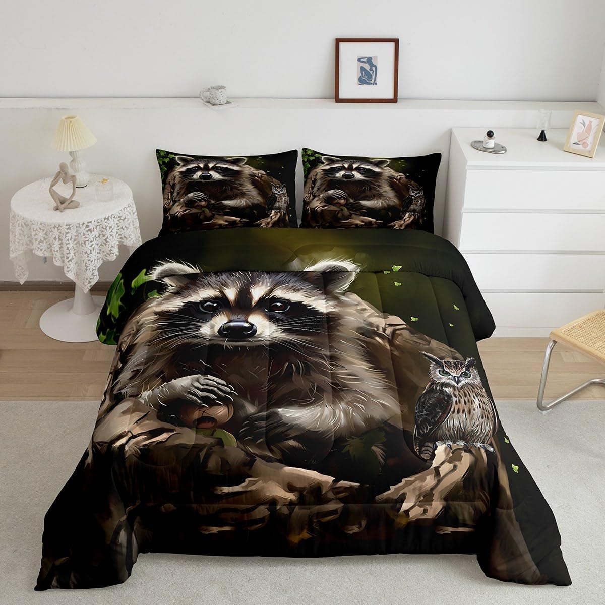 Amazon.com: Cute Raccoon Comforter Set Soft Wild Owl Raccoon Bedding ...