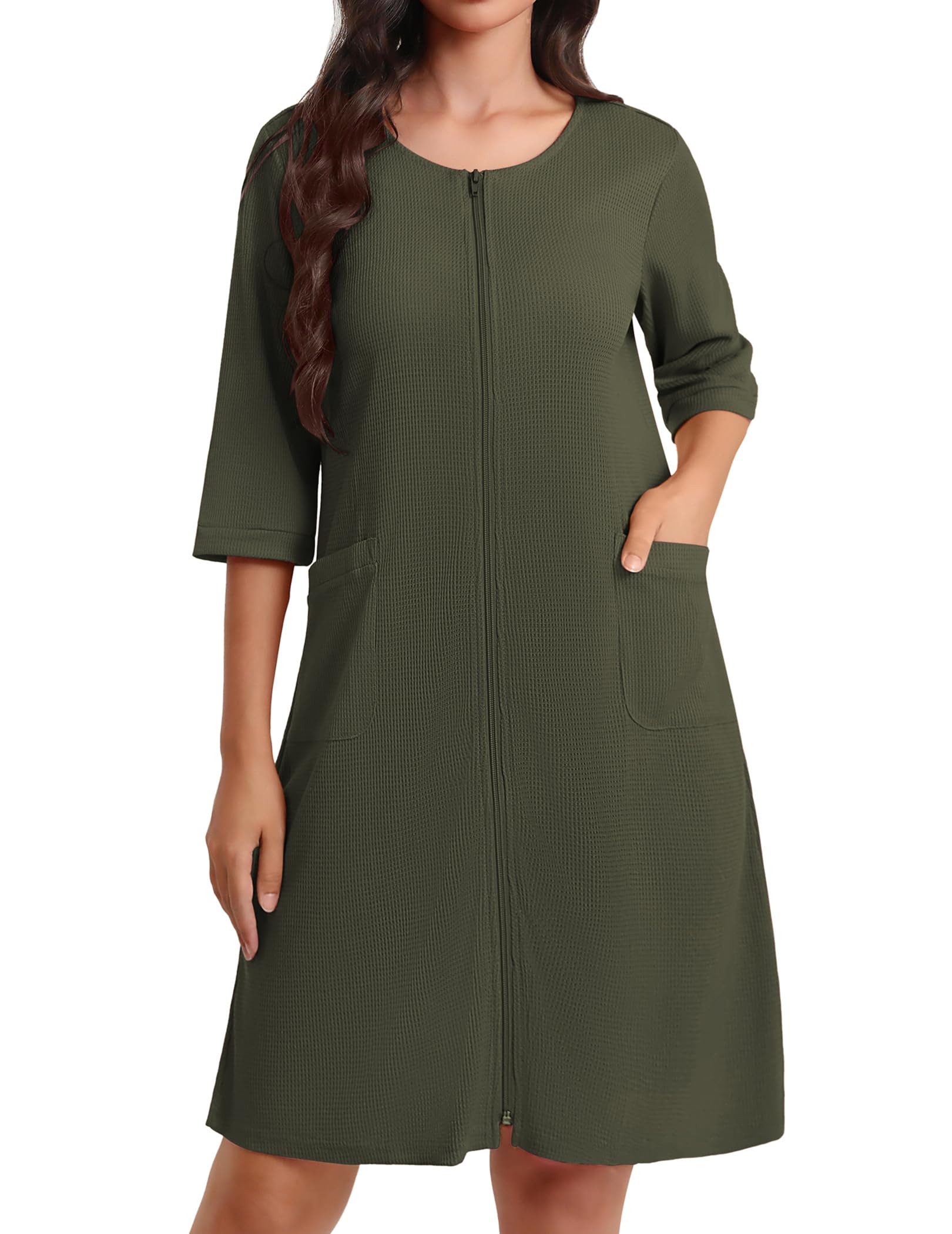 Ekouaer Zip Up Robes for Women Short Waffle Bathrobe Lightweight Knee ...