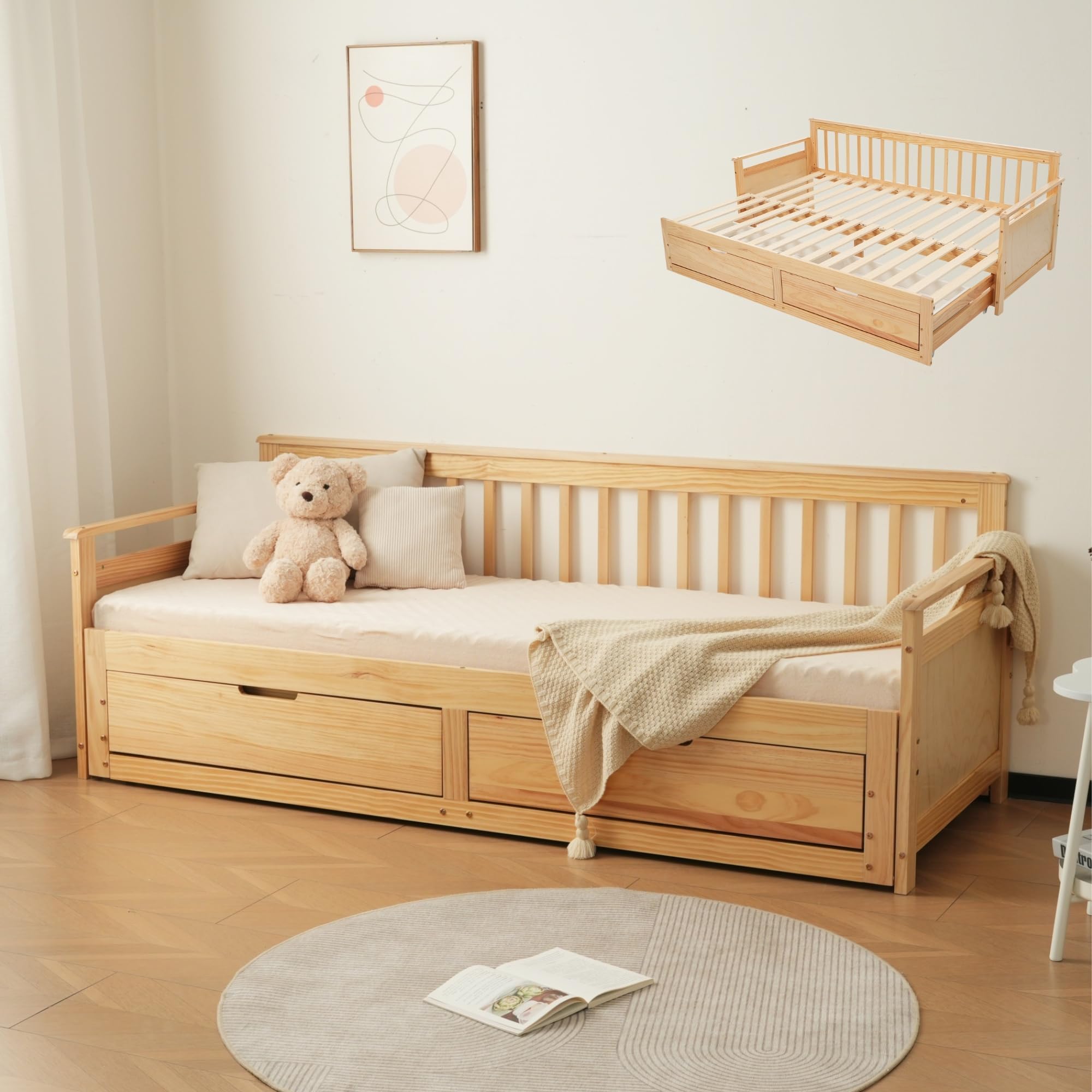 Amazon｜OSJ ソファベッド ベッドフレーム ディベッド シングル 伸長式ベッド 天然木 木製 引き出し付き 収納付き ベッド下収納 おしゃれ 2way パイン材 大人用 通気性 ...