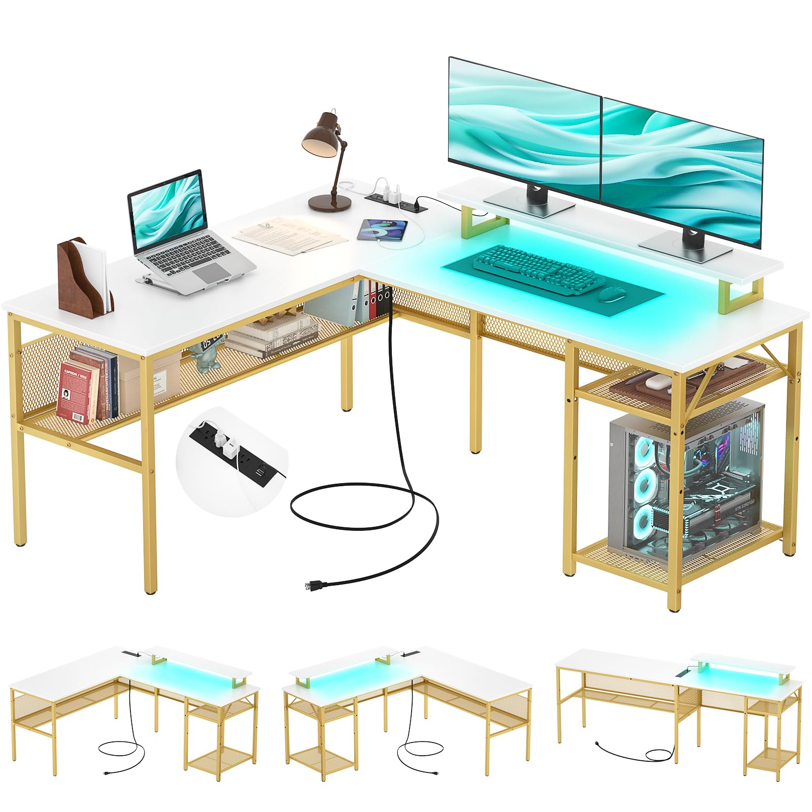 Amazon.com: Hyomdeck Reversible L Shaped Computer Desk with Power ...