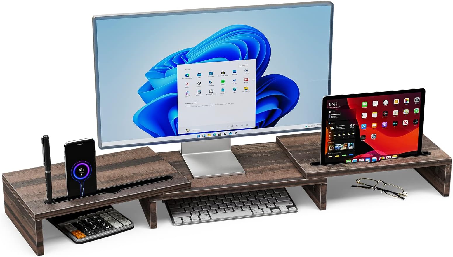 Amazon.com: YAOHUOO Dual Monitor Stand with 2 Drawers, Monitor Stands ...