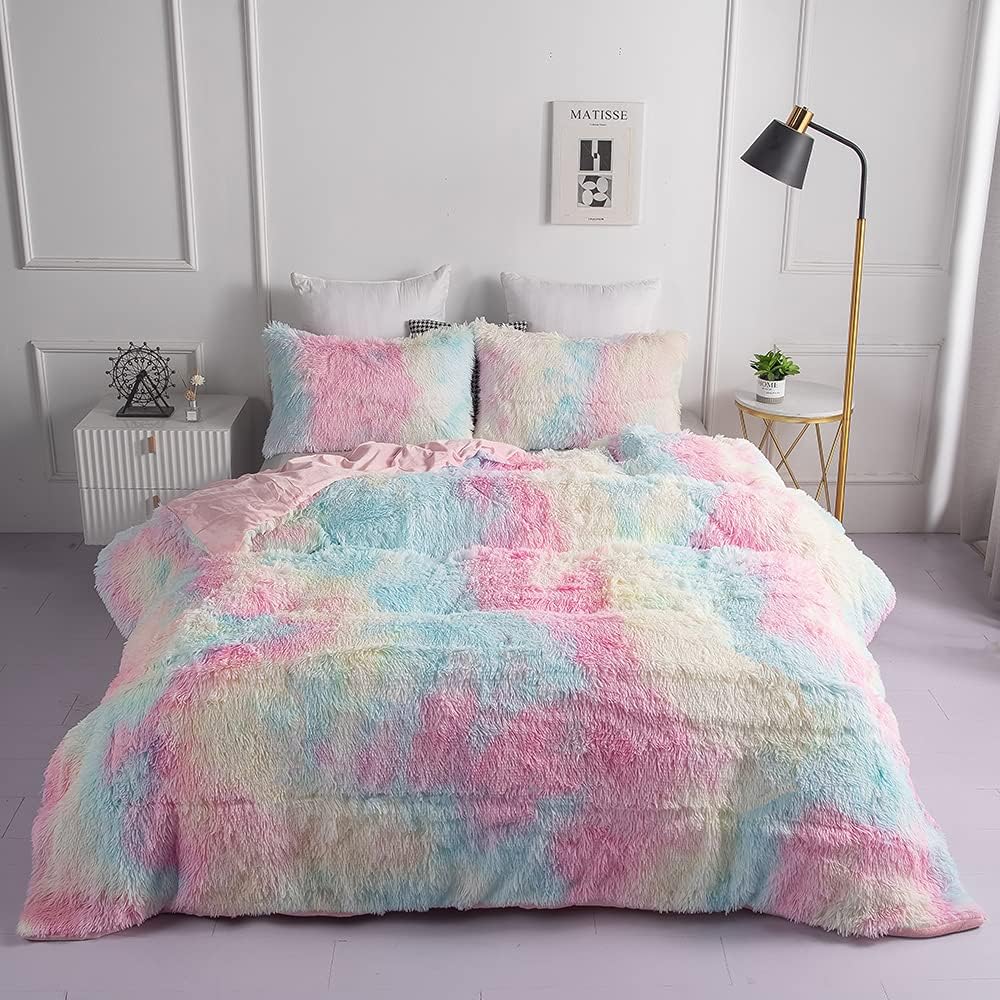 Amazon.com: chovy Faux Fur Plush Tie-Dyed Colorful Pink Comforter Sets ...