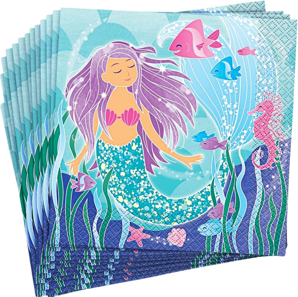 Amazon.com: Mermaid Design Luncheon Napkins (Pack of 16) - Enchanting ...