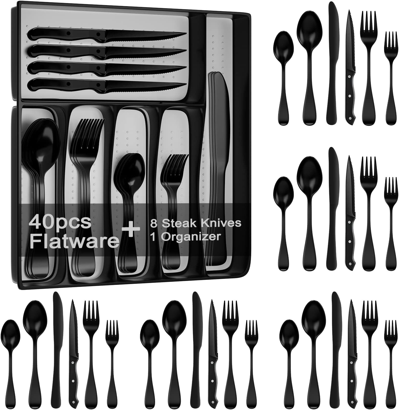 Amazon.com | Hiware 48-Piece Matte Black Silverware Set with Steak ...