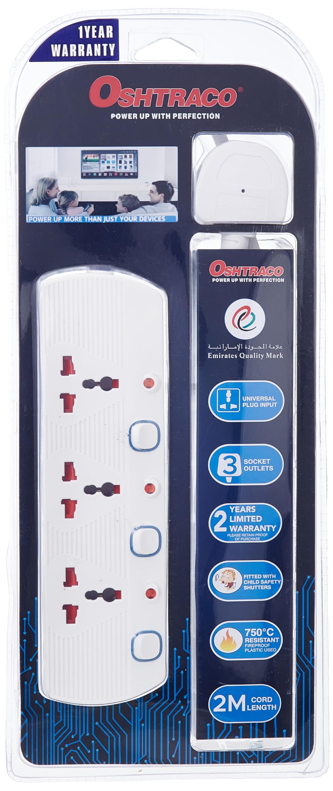 Oshtraco 3-Way Universal Extension Socket with Wire, 2 Meter Length ...