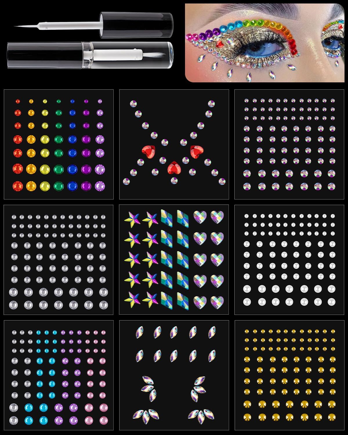 Amazon.com: 9 Sheets Face Rhinestone Stickers Set 1, Multi Shapes Flat ...
