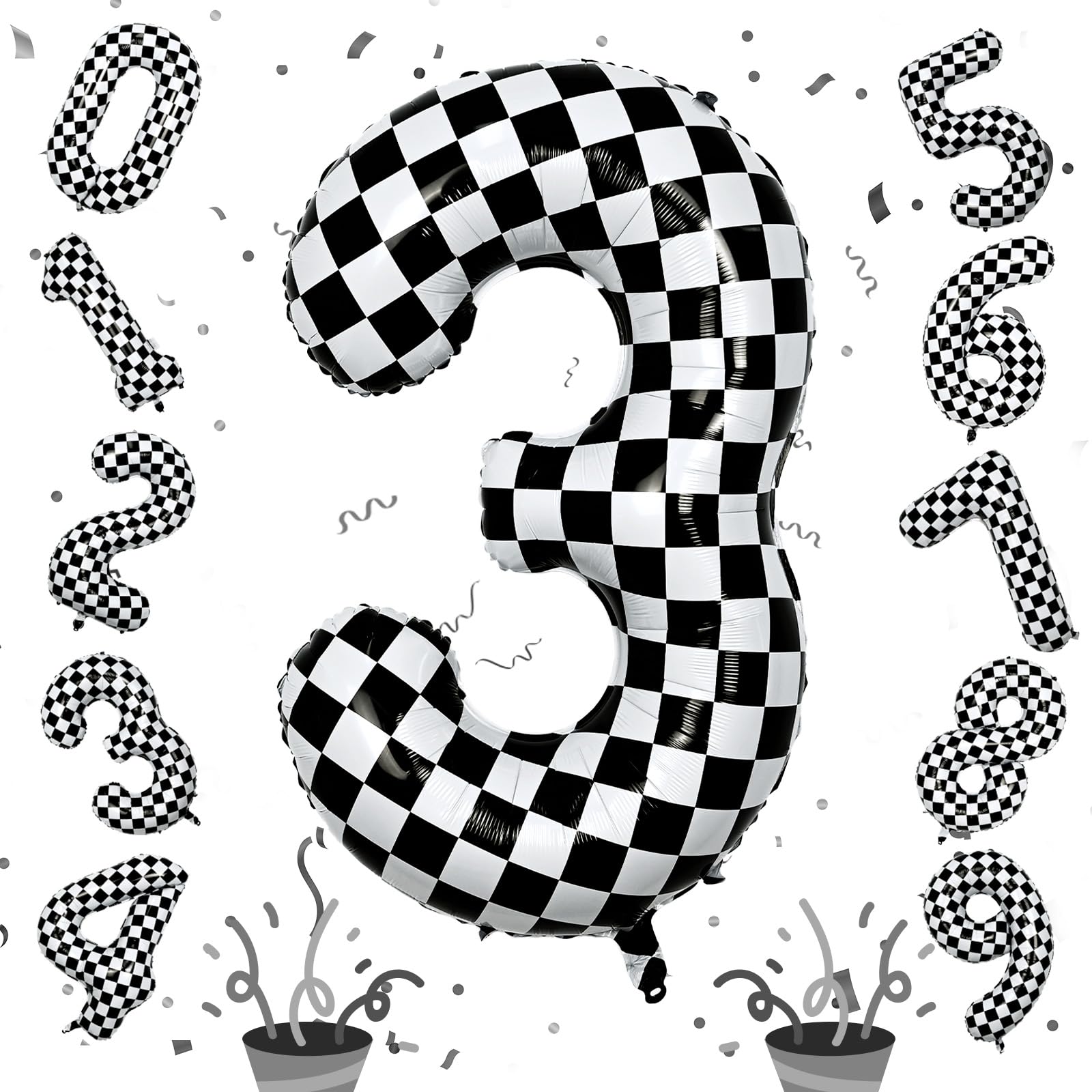 Amazon.com: 3rd Birthday Number Balloons for Boys, 40 Inch Checkered ...