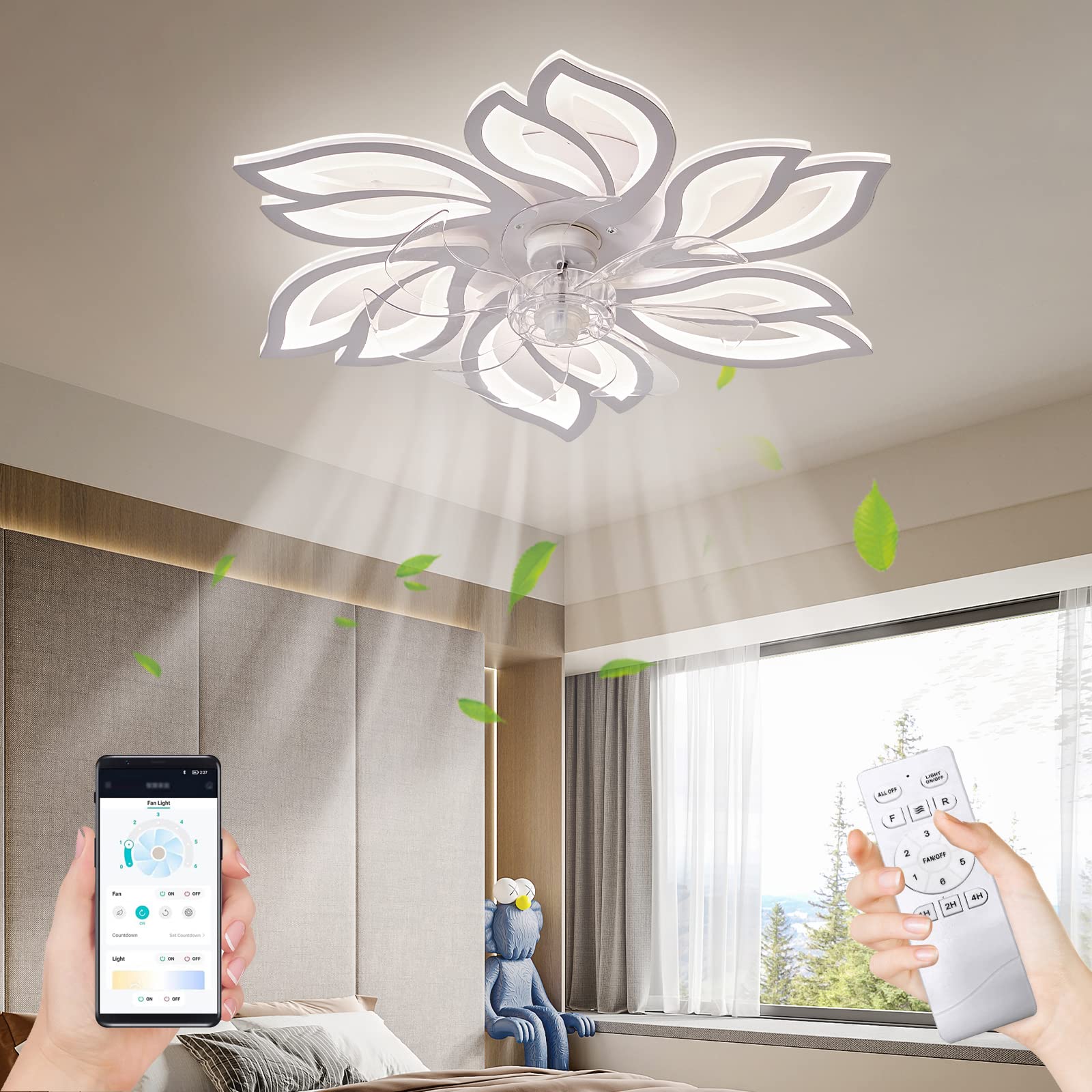 REYDELUZ 25" Ceiling Fan with Lamp, Led Ceiling Fan Flower Shape ...