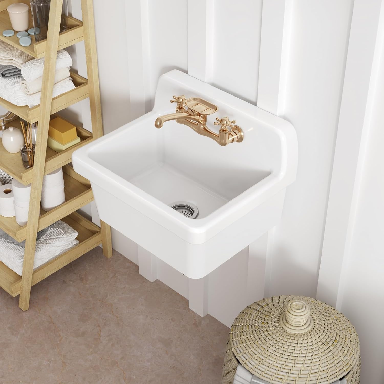 24 Inch White Utility Sink,Ceramic Farmhouse Laundry Sink-Durable and ...