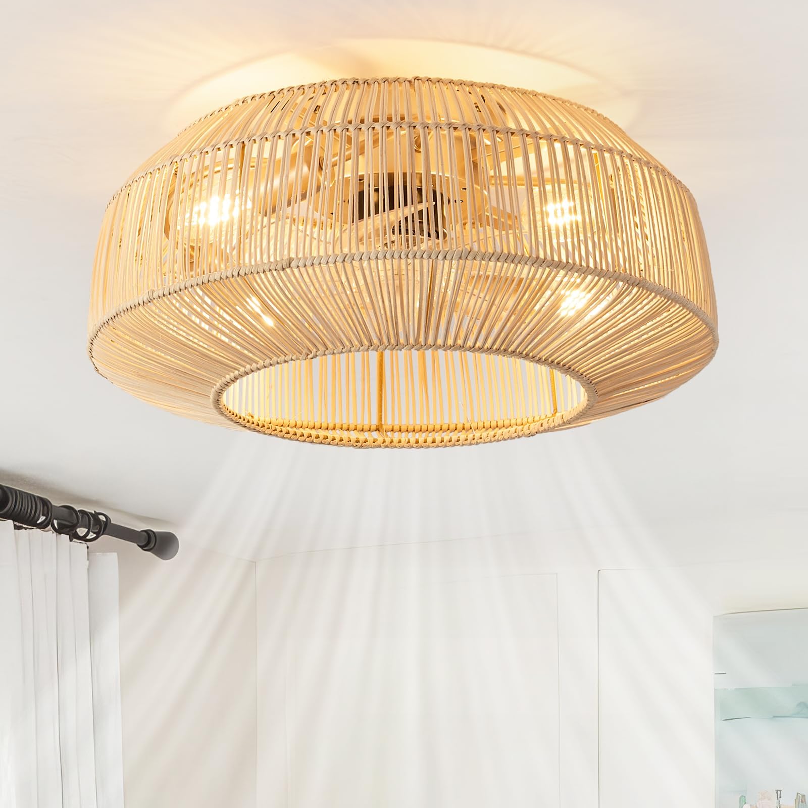 Dimmable Rattan Boho Ceiling Fan with Light Flush Mount, 20 Inch Caged ...