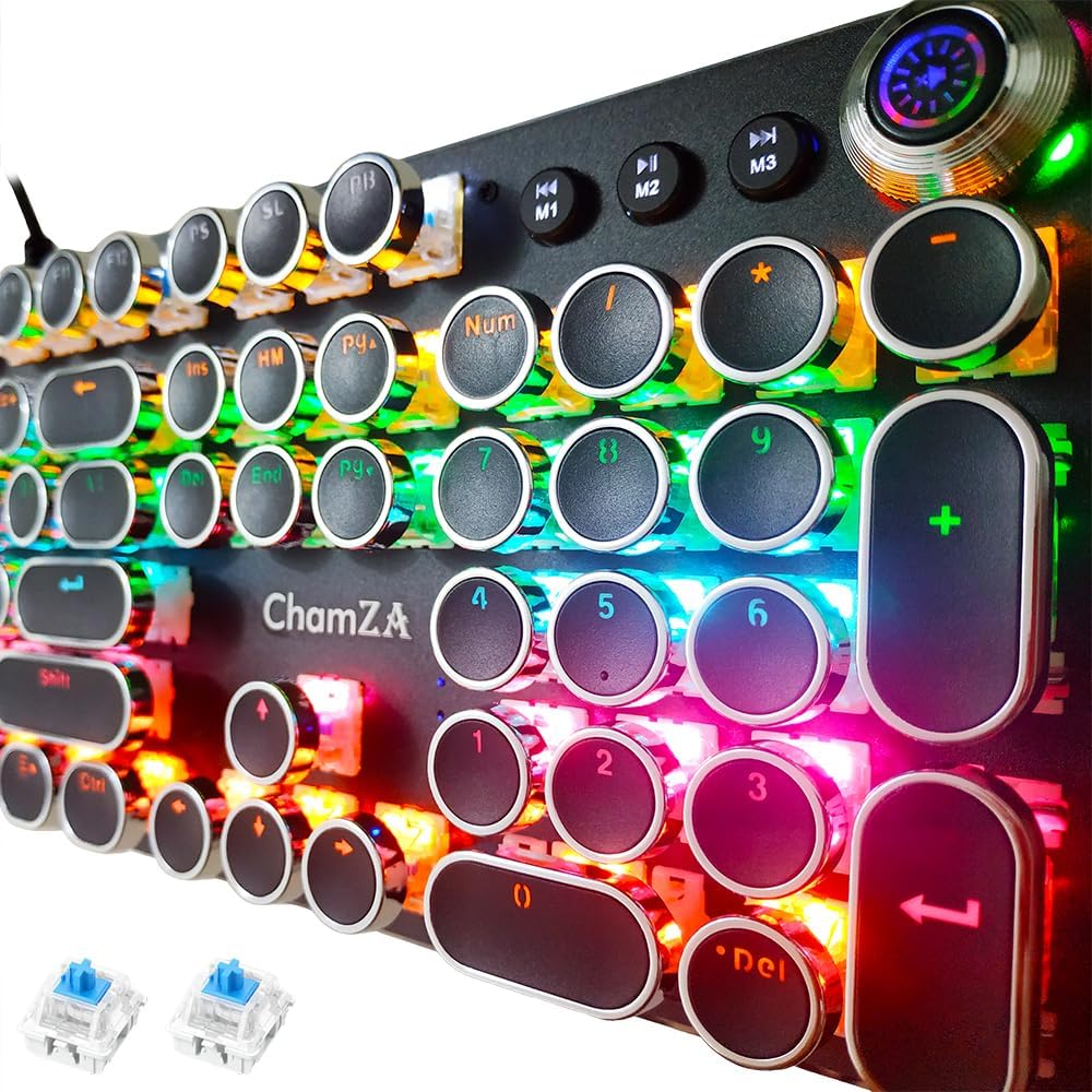 Amazon.in: Buy ChamZA Multimedia Mechanical Keyboard Blue Switches w/Knob Wired Retro Typewriter ...