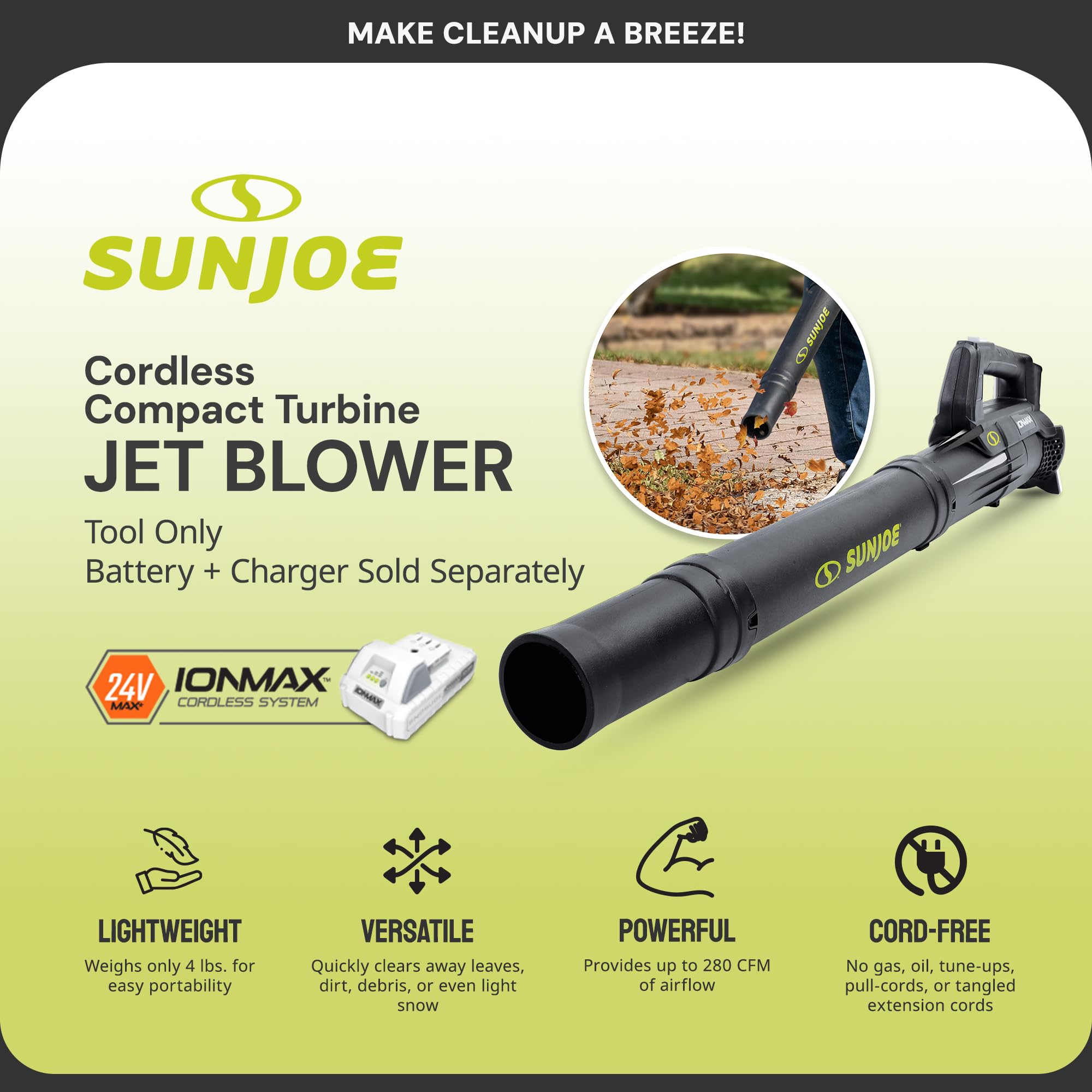 Snapklik.com : Sun Joe 24-Volt Cordless Compact Turbine Leaf Blower