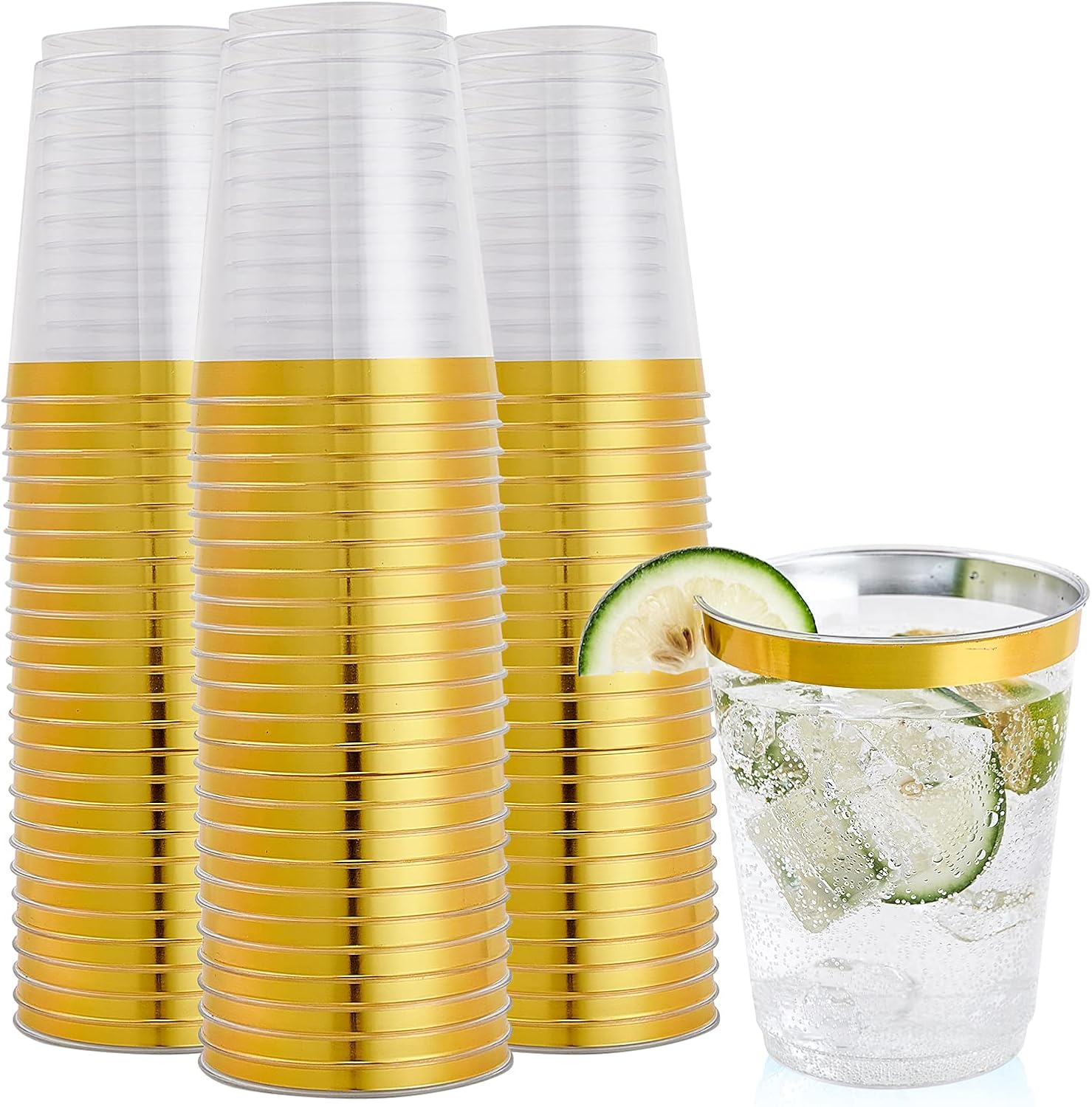 Buy FOCUSLINE 100 Pack Gold Rimmed Plastic Cups 10oz Clear Plastic Cups