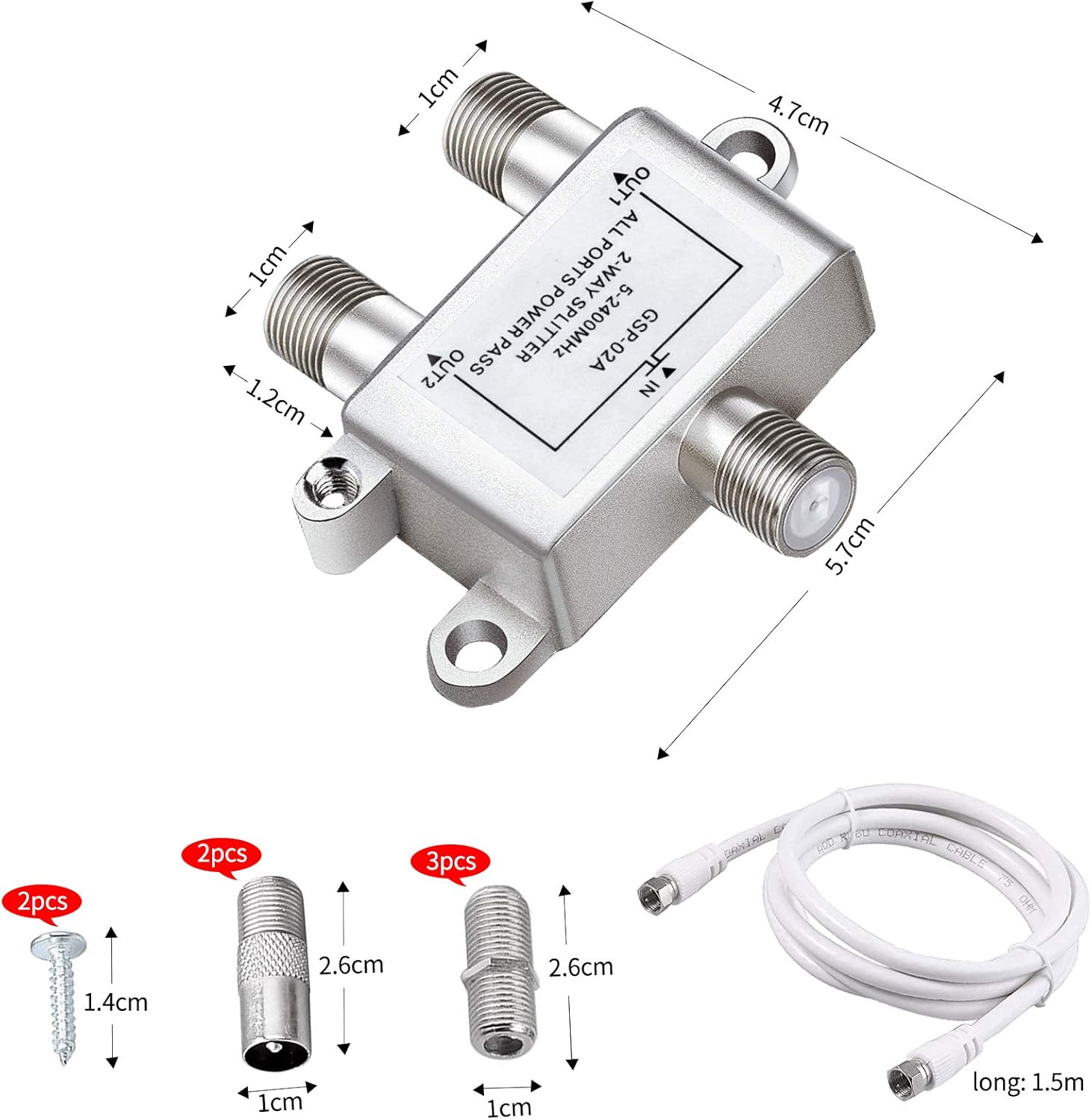 9 Pcs Kit 2 Way TV Aerial Splitter Satellite Splitter with 1.5m Coax ...