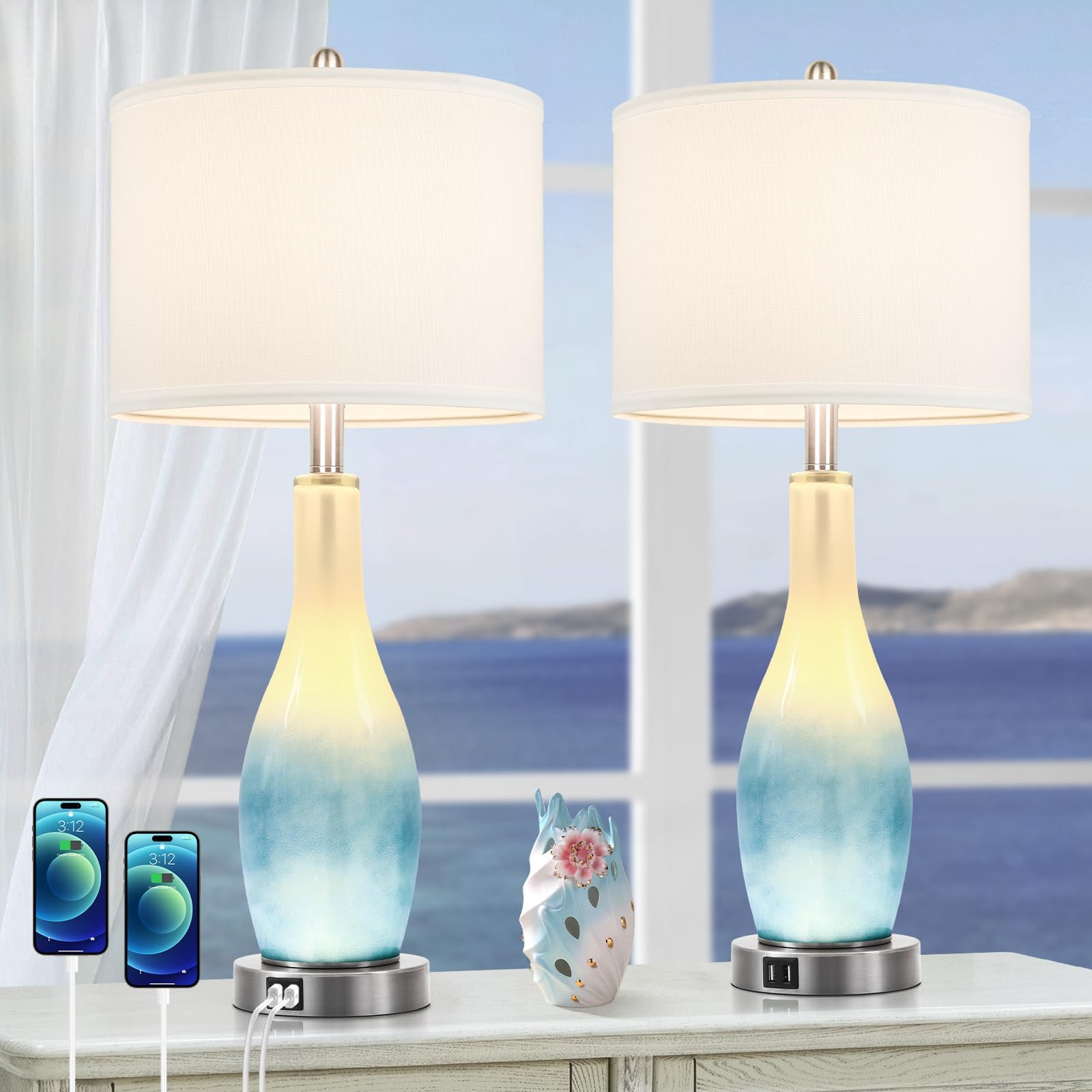 Set of 2 Coastal Palm Tree Table Lamps with 2 USB Ports for Living Room ...
