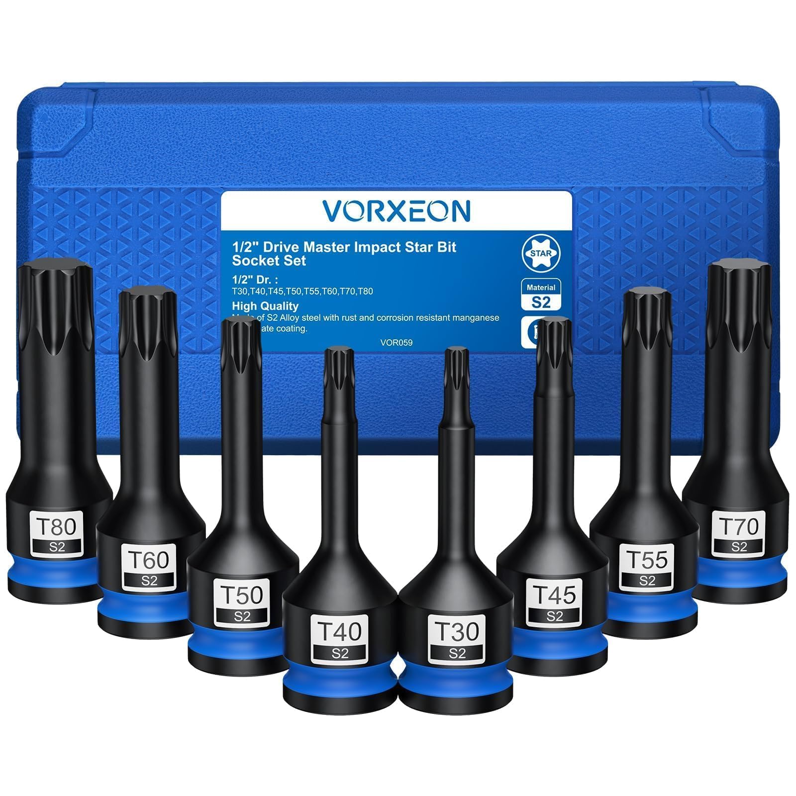 VORXEON 8 Pcs 1/2" Drive Torx Star Impact Bit Socket Set S2 Alloy Steel ...