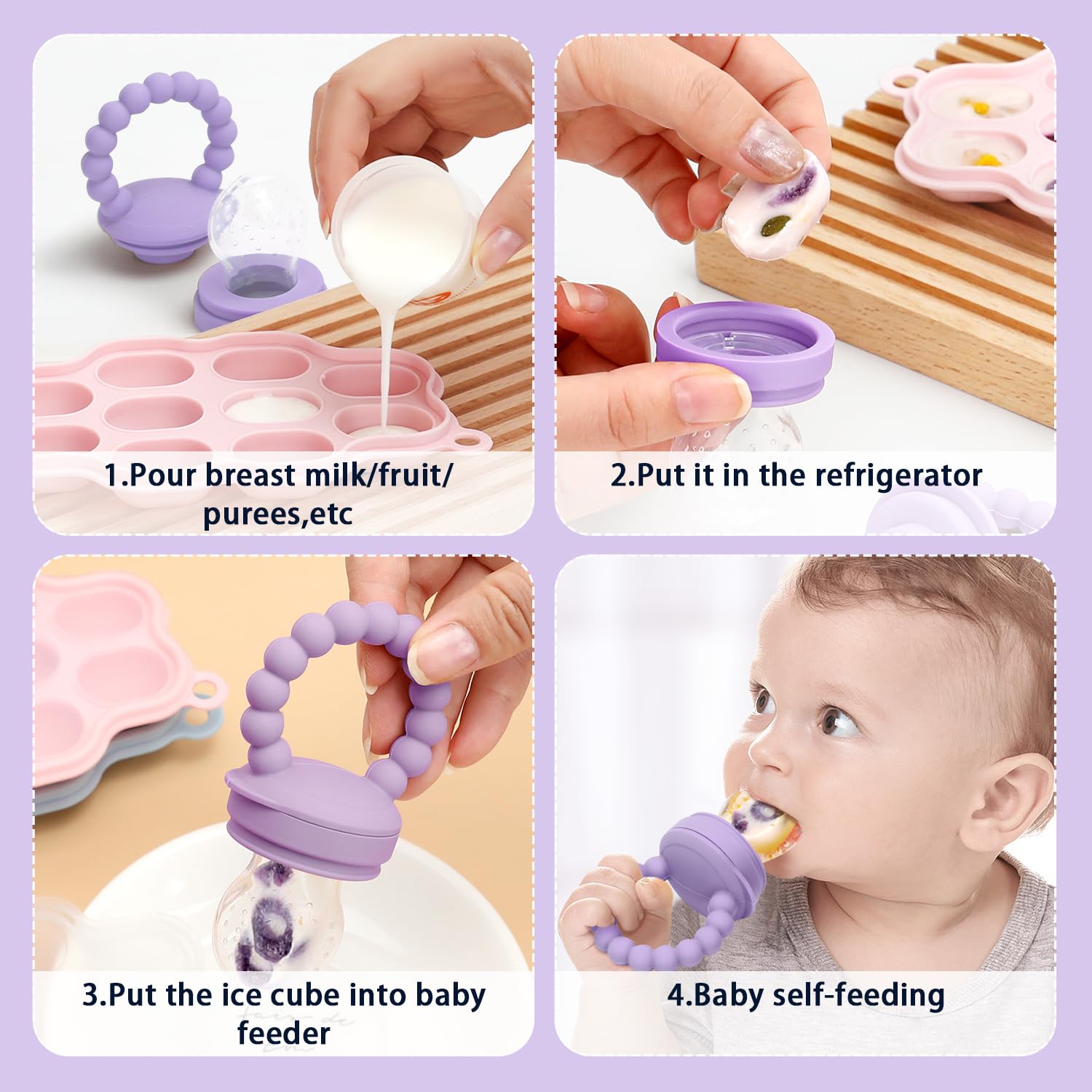 Silicone Baby Fruit Food Feeder, 2 Pack Freezer Tray with lid for Batch ...