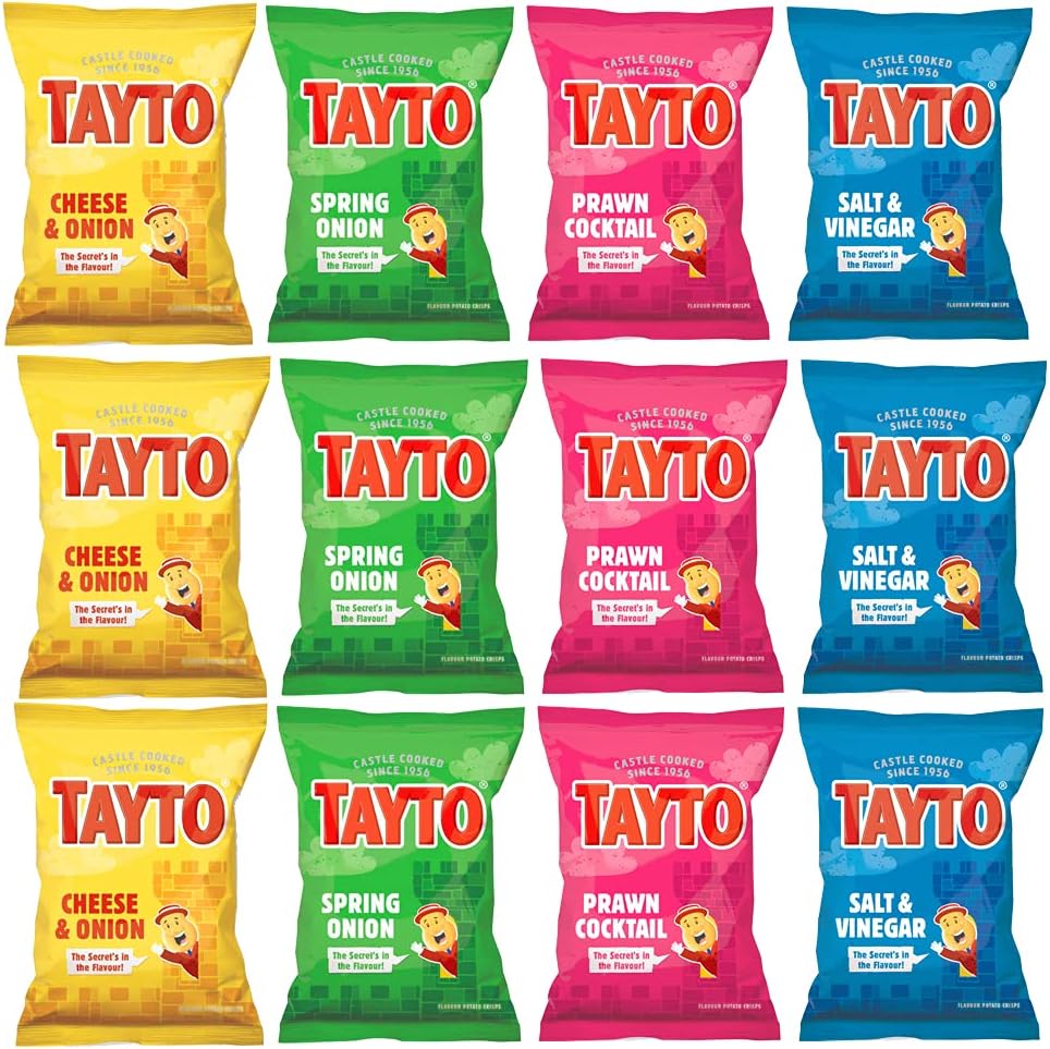 Tayto 12 packs Assorted Crisps Prawn Cocktail Cheese Onion Salt Vinegar ...