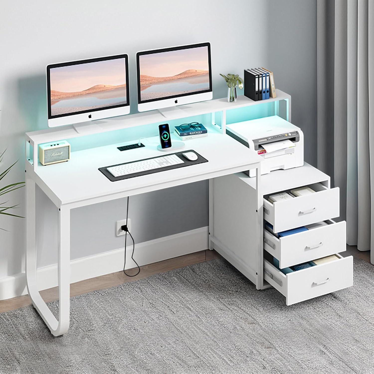Amazon.com: CHABUILDREARK 67 Inch White Computer Desk with LED Lights ...