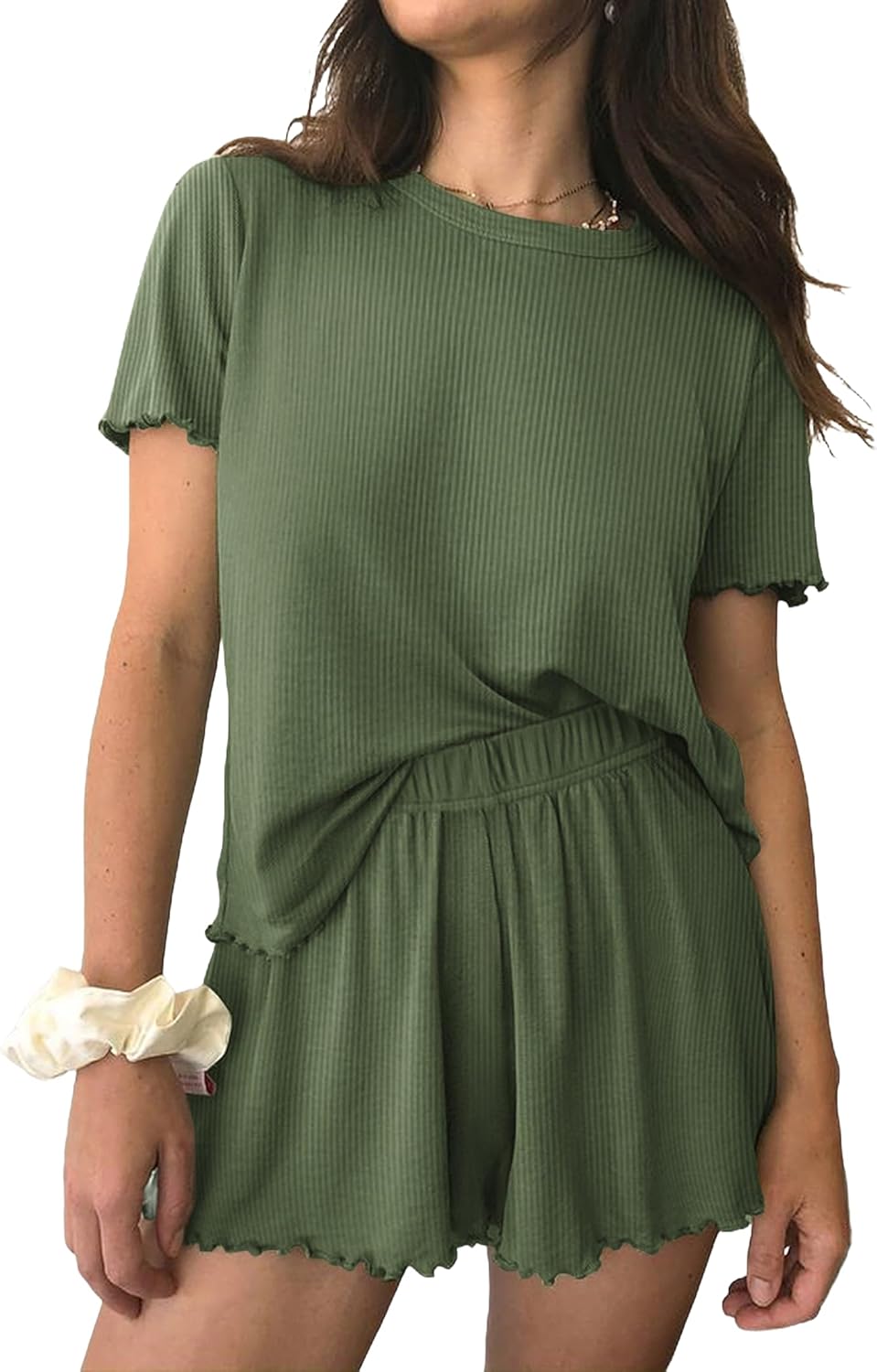 Ekouaer Womens Pajamas 2 Piece Ribbed Knit Pjs Short Sleeve Sleepwear ...