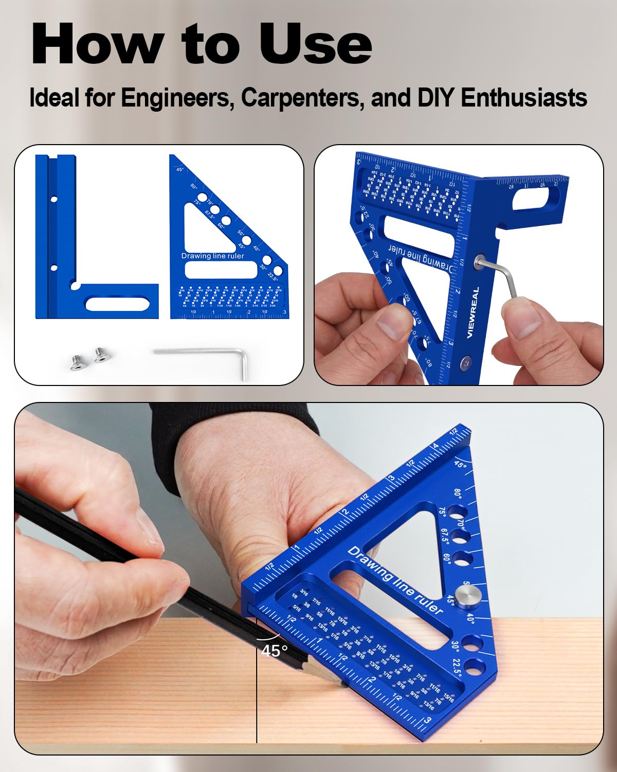 3D Multi-Angle Aluminum Alloy Woodworking Square Ruler, 22.5-90 Degree ...