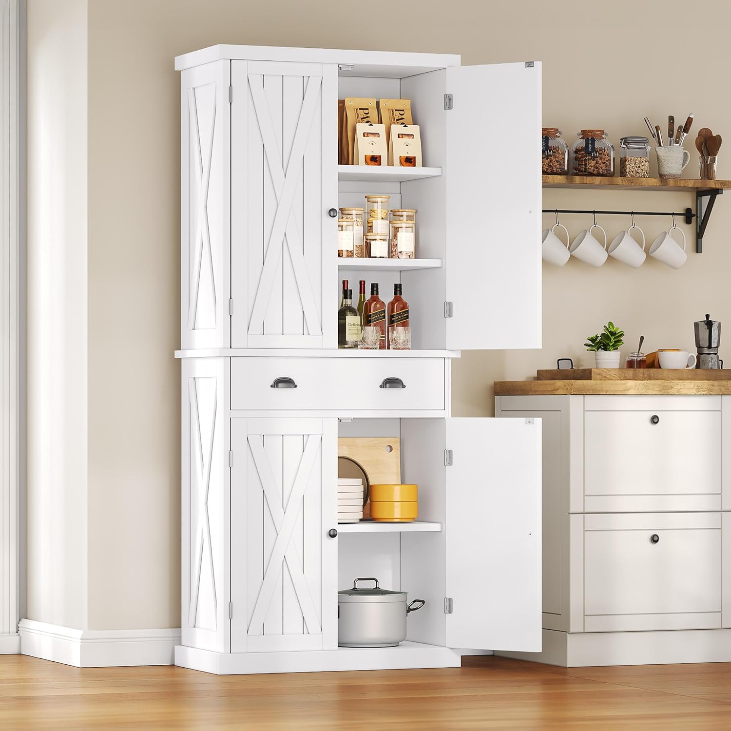 Amazon.com: DWVO 72'' Tall Farmhouse Kitchen Pantry with Adjustable ...