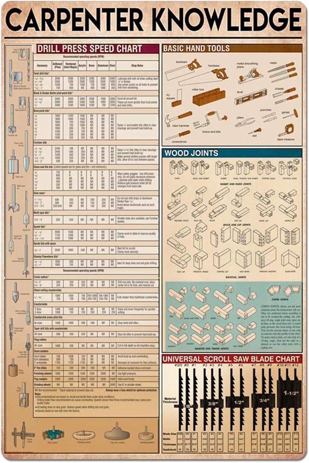 Carpenter Knowledge Drill Press Speed Chart Basic Hand Tools Poster ...