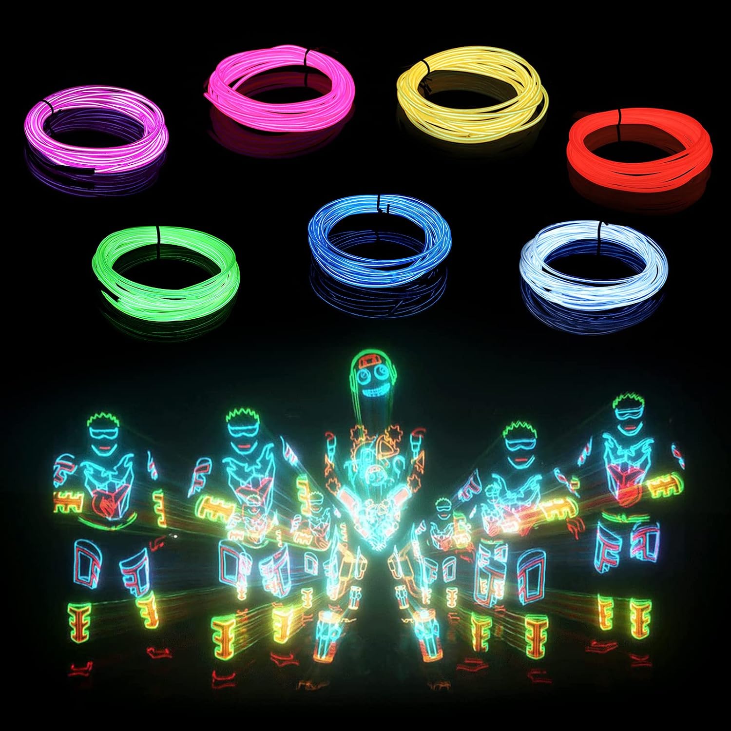Amazon.com: melndiea EL Wire 7 Pack-9.8ft Portable Neon Rope Lights ...