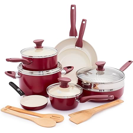 Amazon.com: Red Volcano Textured Ceramic Nonstick, 14 Piece Cookware ...