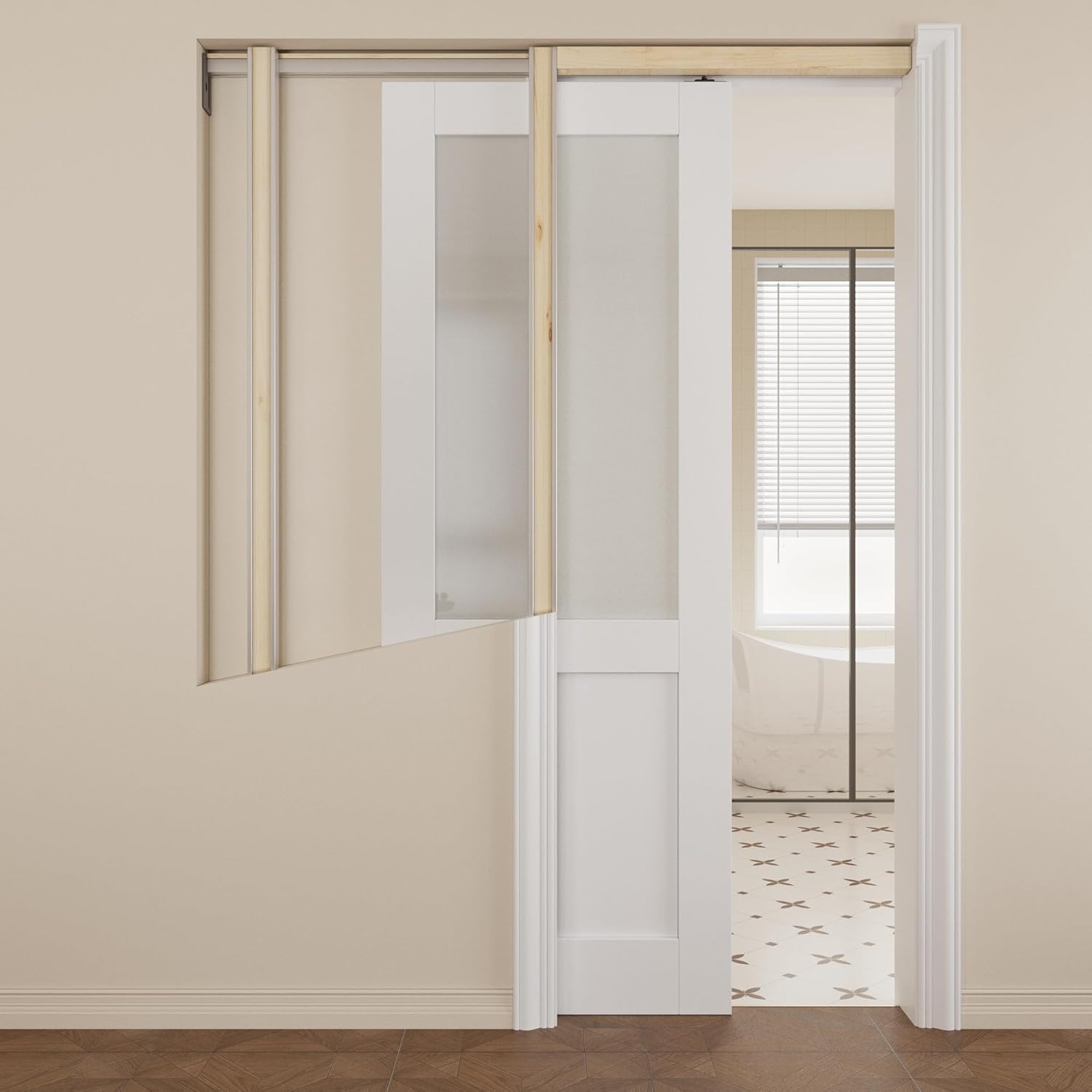 JUJUBON Soft-Close Sliding Pocket Door 24" x 80", Half Tempered Frosted ...