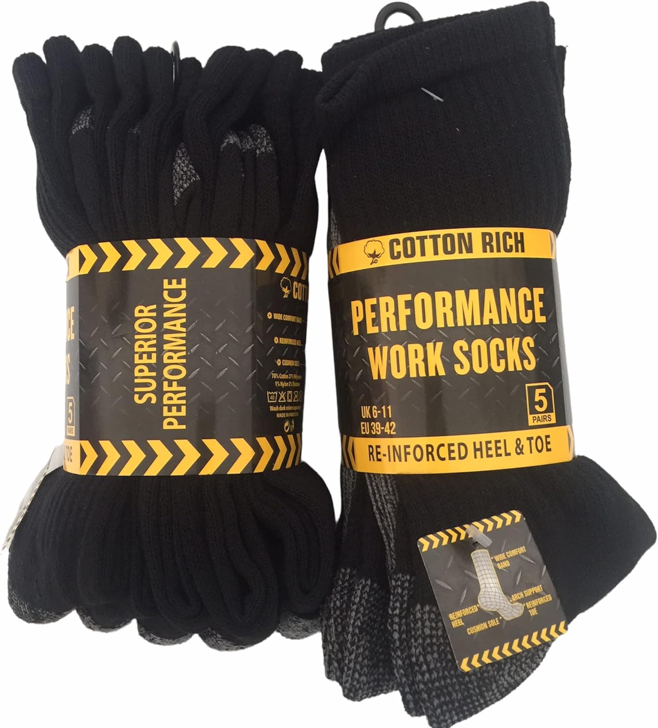 5 Pair Workwear Men’s Arch Support Reinforced Toe Heel Cotton Rich ...