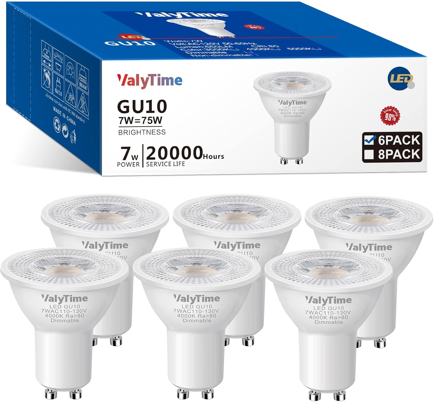 Valytime Dimmable GU10 LED Bulbs 7W(50W -60W-75W Equivalent) GU10 Light ...