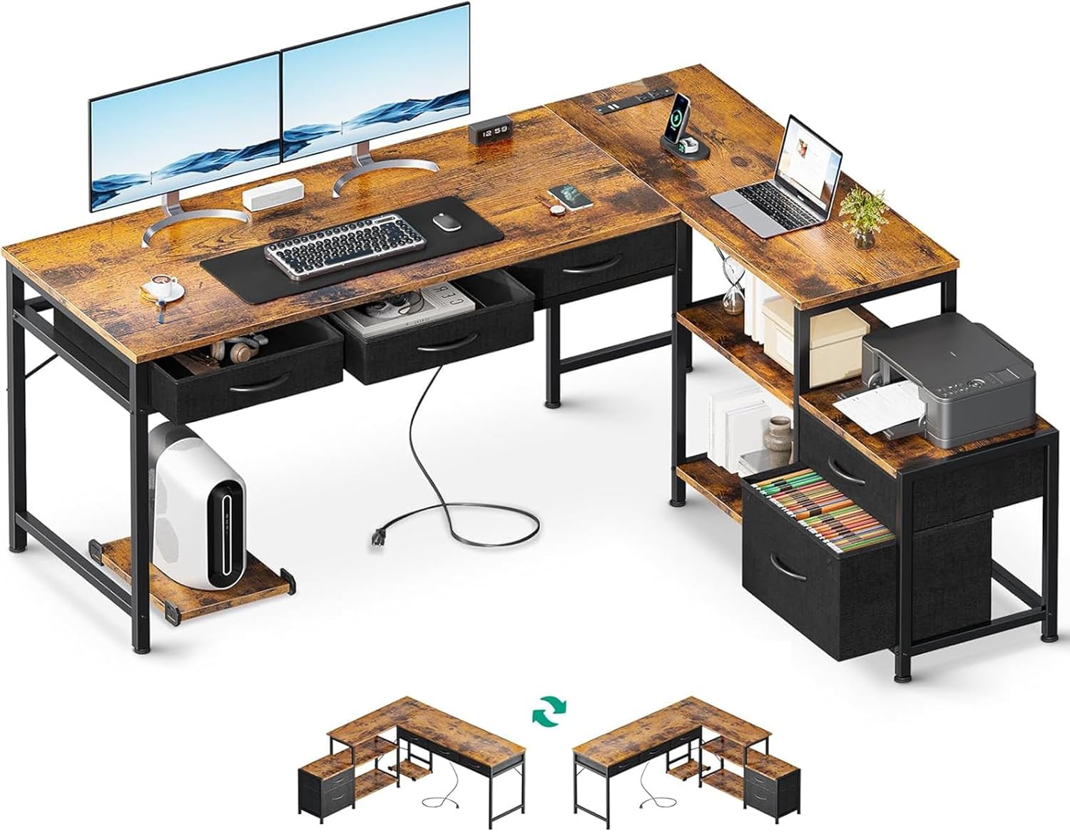 KALAKO Escritorio en Forma con CajóN Escritorio para Computadora con Tomas de Corriente ...