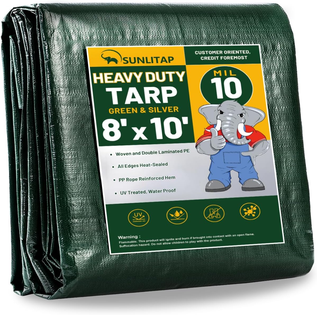 SUNLITAP 10 Mil Heavy Duty Waterproof Tarps, 8x10 Ft Finished Size ...