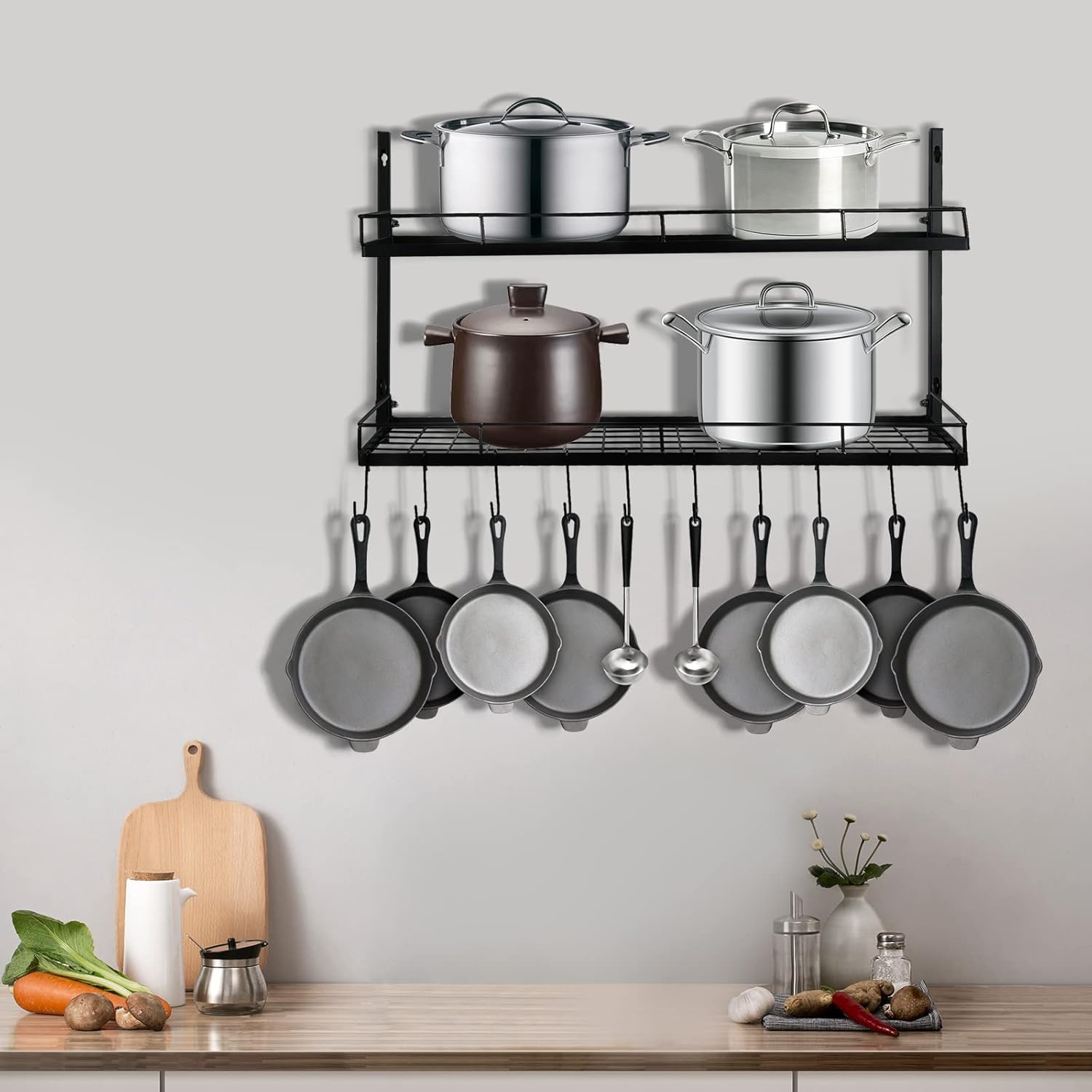 Amazon.com: CeRaBuRET Black Hanging Pot Rack, Wall Mounted 2 Tiers Pot ...
