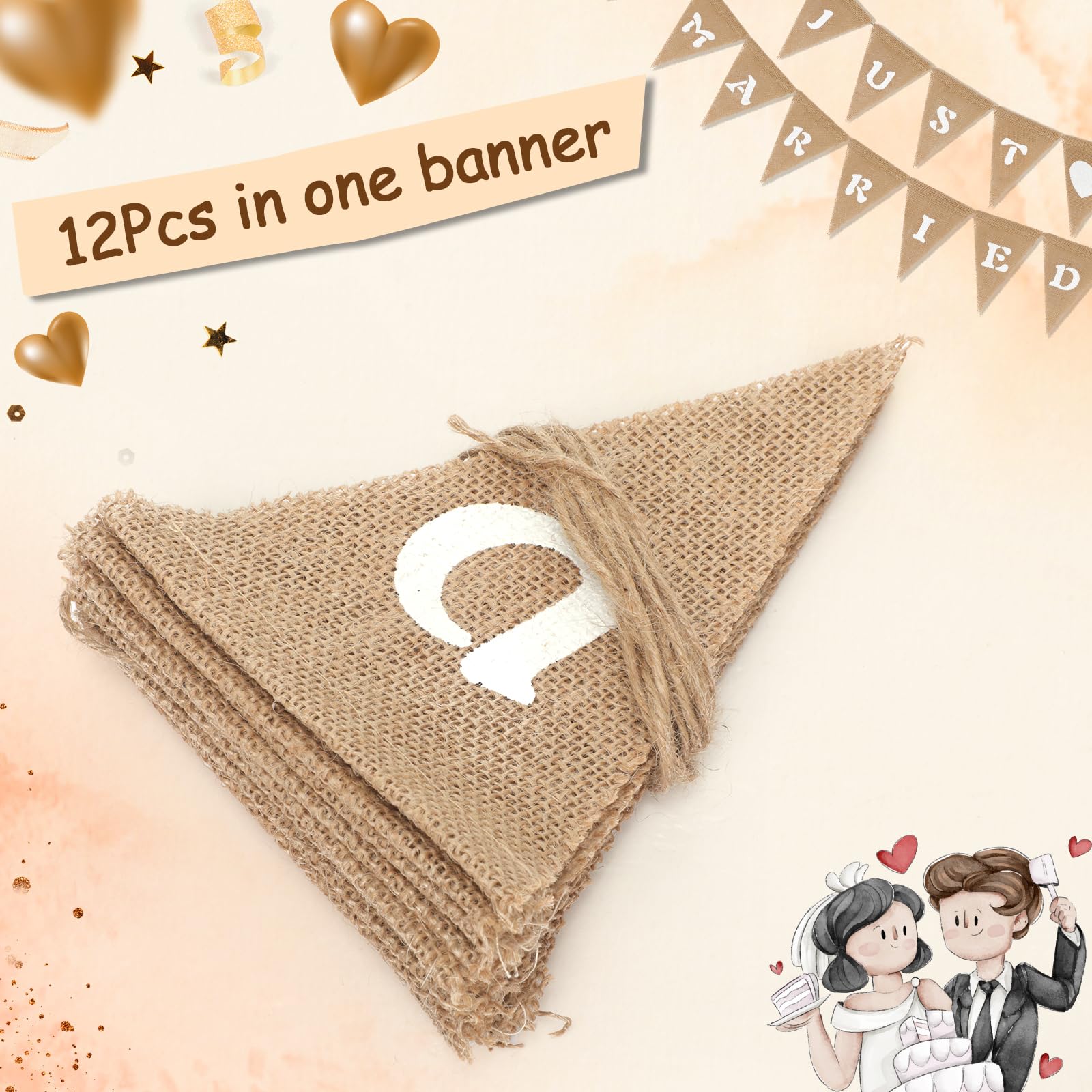 PROUSKY JUST MARRIED Burlap Flag Banner Bunting 12 Pcs Jute Triangle ...