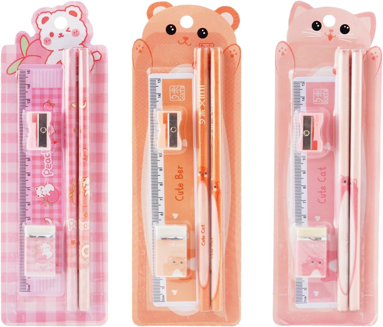 Amazon.com : Cartoon Wood-Cased Pencils Erasers sharpeners Ruler 3pcs ...