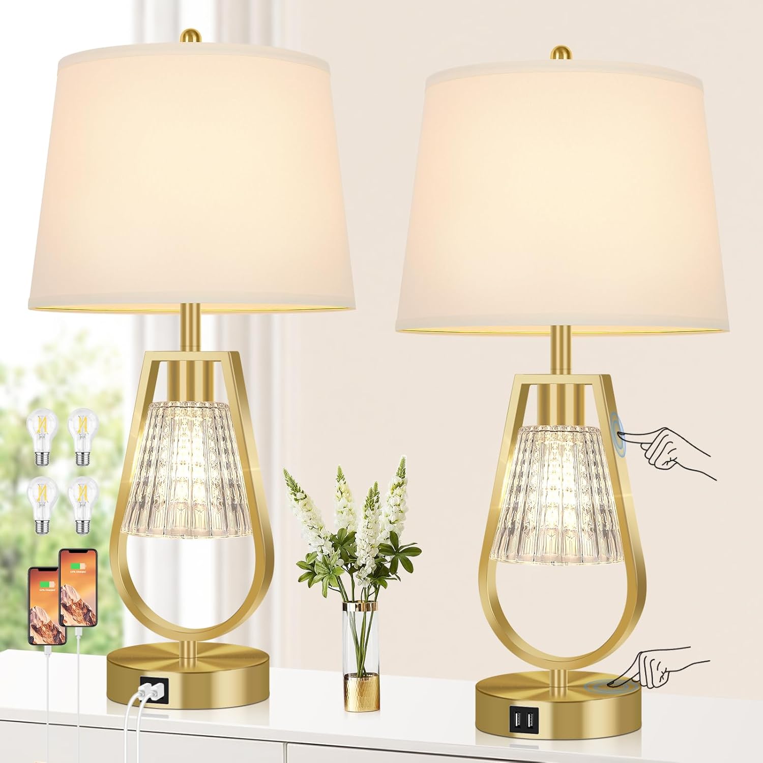 Set of 2 Touch Control Table Lamps, Dimmable Nightstand Lamps with 2 ...