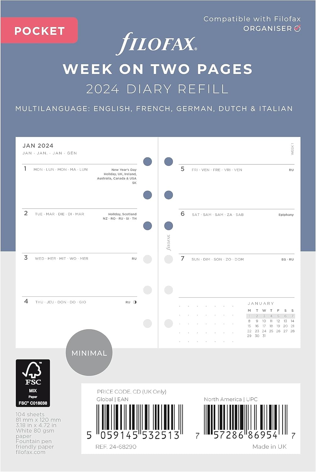 Amazon.com : Filofax Calendar Diary Refill, Pocket Size, Week-to-View ...