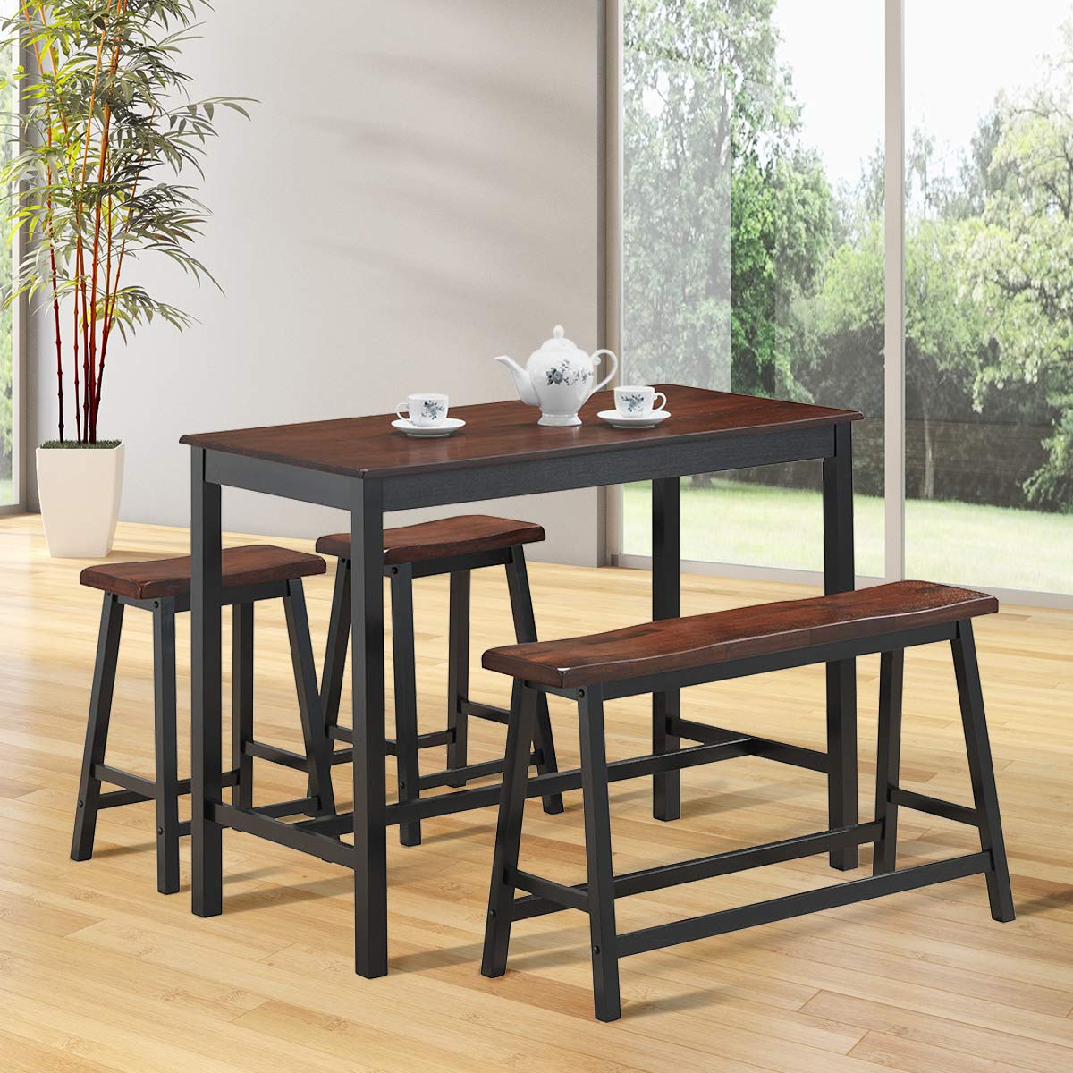 COSTWAY Dining Table and 2 Stool Set with 1 Bench, Solid Wood Counter ...