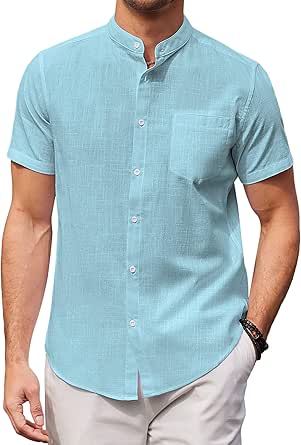 COOFANDY Men's Banded Collar Beach Shirt Cotton Linen Casual Button Down Short Sleeve Shirts ...