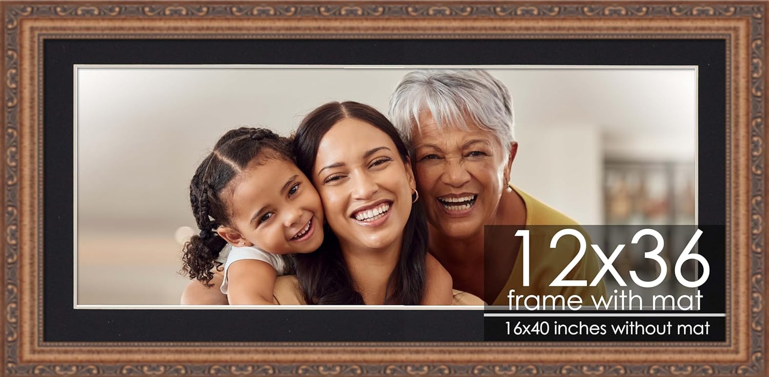 Amazon.com - 12x36 Frame with Mat - Antique Gold 16x40 Frame Wood Made ...