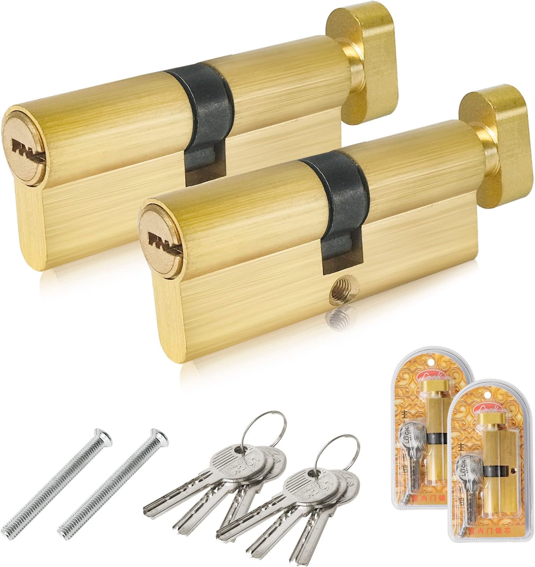 WeeGoo【2 Set】 35T/35 Brass Thumb Turn Euro Cylinder Lock 70 mm Euro ...
